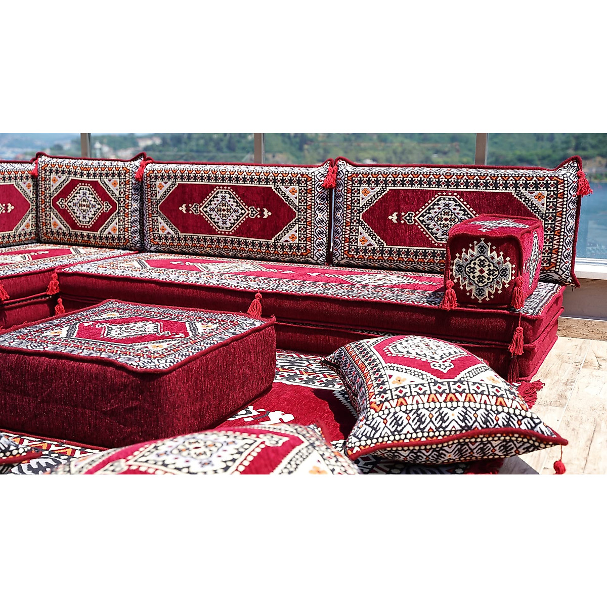 Maroon L Shaped Sectional Sofas, Arabic Sofa Set, Terrace Pallet Sofa, Floor Cushions, Arabic Majlis, Pouffs, Turkish Floor Seating Set (L Sofa + Rug + Ottoman, 8'' Thickness (20 cm))