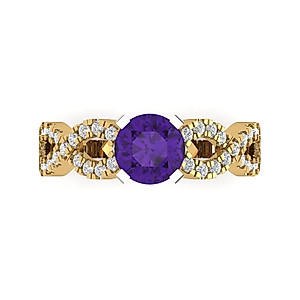 Clara Pucci 1.32ct Round Cut Solitaire Natural Purple Amethyst gemstone designer Modern Statement with accent Ring Solid 14k 2 tone Gold
