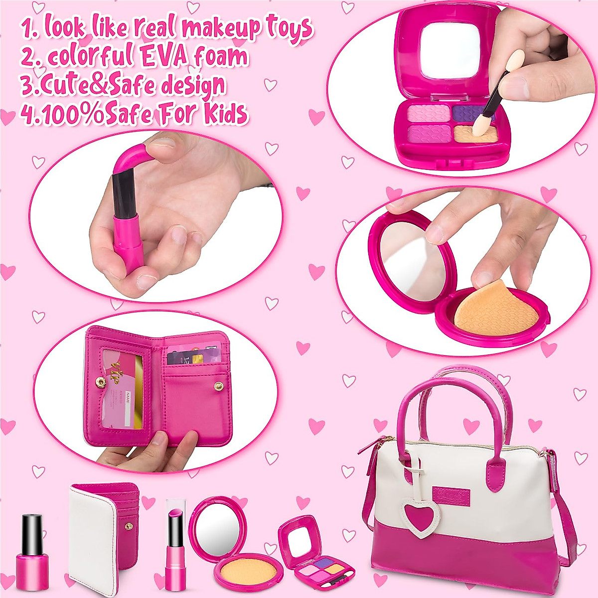 Mozok Kids Makeup Kit for Girl, 15 Pcs Princess Pretend Makeup Play Purse Set with Accessories, Kids Dress Up Purse Girl Toys for 3 4 5 6 7 8 9 10 Years Old Little Girls Toddlers Birthday Gifts