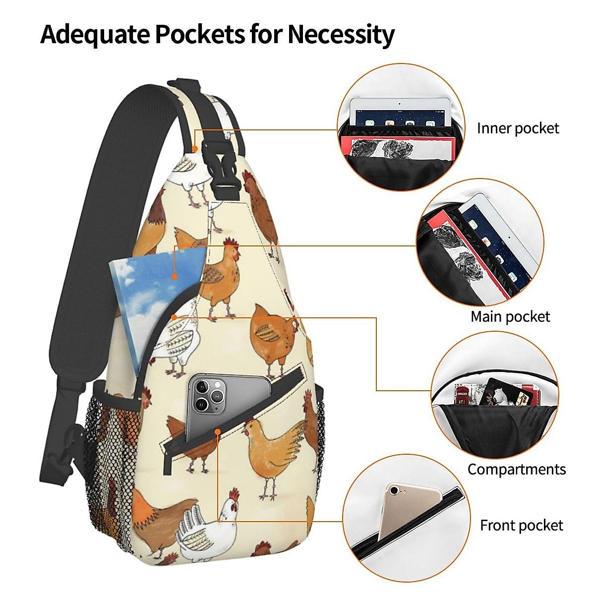 EVANEM Cross Chest Bag Chicken Pattern Printed Crossbody Sling Backpack Casual Travel Bag For Unisex