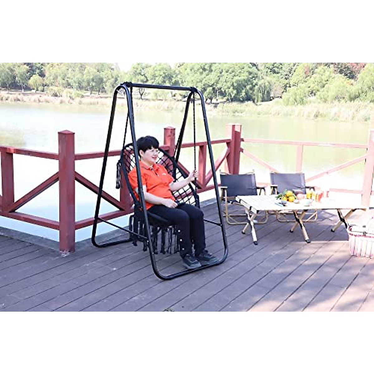 YUCAN Hammock Chair Stand with Backrest Hanging Chair Included, Extended Macrame Hanging Cotton Rope Chair with a Pillow for Indoor and Outdoor(Black), Large size