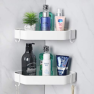 JYL HOME Corner Shower Caddy Bathroom Kitchen Storage Organizer with Hooks Wall Mounted Heavy Duty Aluminum, 2-Pack, White