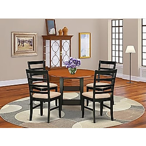 East West Furniture SUPF5-BCH-C 5 Piece Kitchen Table & Chairs Set Includes a Round Dining Table with Dropleaf & Shelves and 4 Linen Fabric Dining Room Chairs, 42x42 Inch, Black & Cherry
