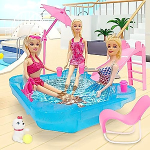 Yellow River Glam Doll Pool, 12" Summer Beach Bath Suit Doll Playset, with Slide, Umbrella and Chair. Gift for Girls Age 3 4 5 6 7 for Christmas (Doll Include)