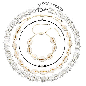TKUAMIGO Puka Shell Necklace for Women Natural Pearl Choker Necklace Adjustable Seashell Necklace Cowrie Shell Bracelet Beach Boho Jewelry Set for Vsco