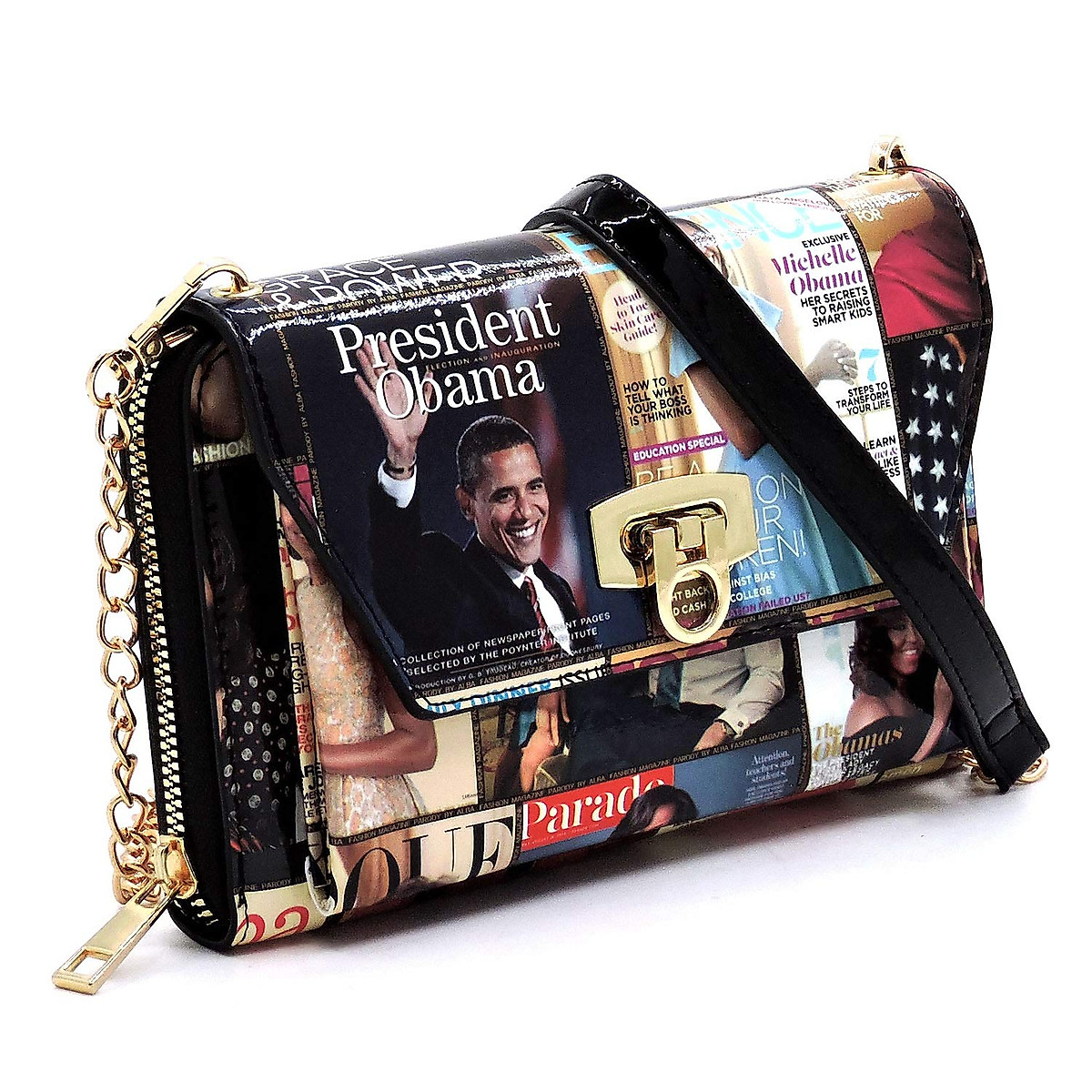 Amy & Joey Glossy Magazine Cover Collage Michelle Obama Printed Crossbody Wallet Clutch Bags with Flap and Zip Around Closure (Single Zip-Multi/Black)