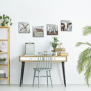 OuElegent 4 Piece Farmhouse Canvas Wall Art Rustic Cow Dutch Windmill Cotton Flower Picture Artwork Modern Countryside Printed Painting for Living Room Kitchen Decor Framed Ready to Hang 12x12 Inch