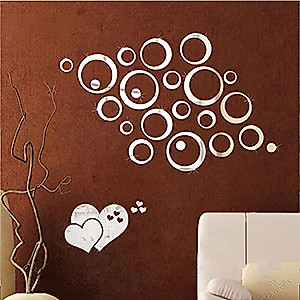 ELANE 29PCS DIY Mirror Wall Decals,Including 24PCS Circle Mirror Wall Sticker Wall Decoration and 5 PCS Heart Removable Mirror Stickers Self Adhesive Mirror Decal for home decoration office Living Room Bedroom (Silver)