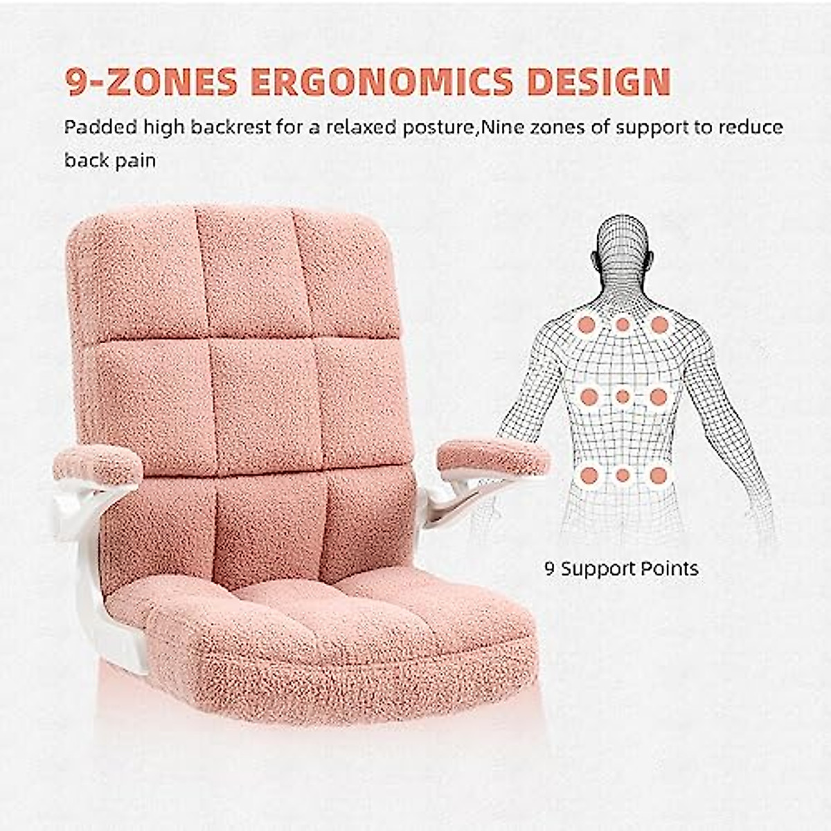 SEATZONE Pink Office Chair Home Office Desk Chairs with Flip-up Armrest, Rolling Desk Chair with Wheels, Faux Fur Computer Chairs Adjustable Backward Tilt
