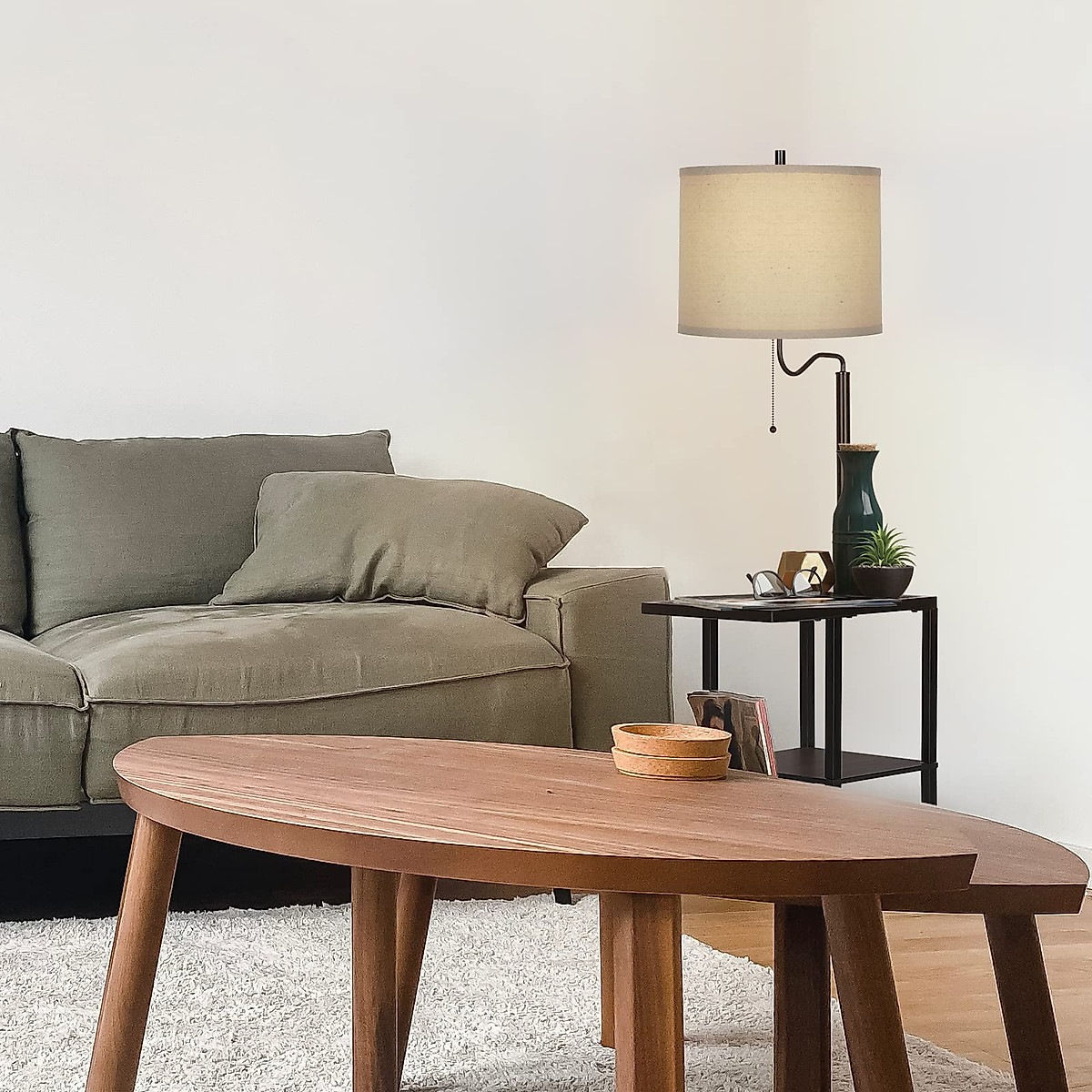 hykolity Floor Lamp W/ End Table and USB Charging Port, Modern Bedside Nightstand Lighting, Walnut Attached Side Table W/ Shelves for Living Room, Bedroom, Guest Room, Bulb Sold Separately