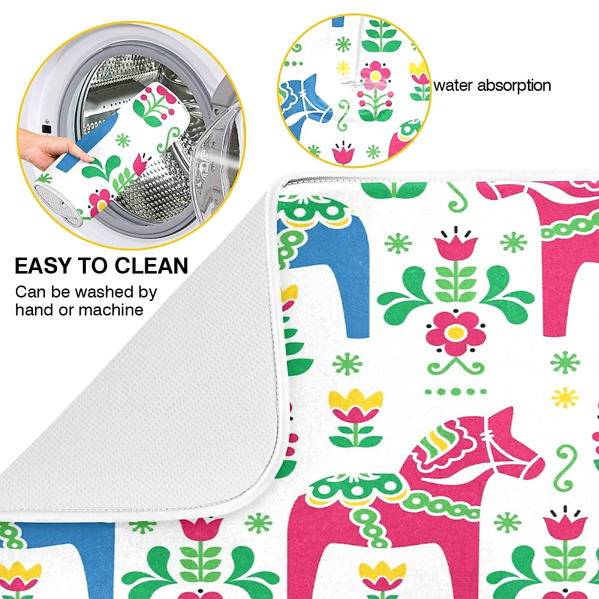 Dish Drying Mat for Kitchen Folk Art Dala Horse Absorbent Heat Resistant Dishes Drainer Pad 18 x 24 Inch