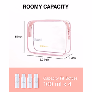 BAGSMART Clear Toiletry Bag, 2 Packs TSA Approved Water resistant Quart Size Travel Organizer, Airport Airline Travel Essential Carry On Makeup Cosmetic Bags for Women, Pink