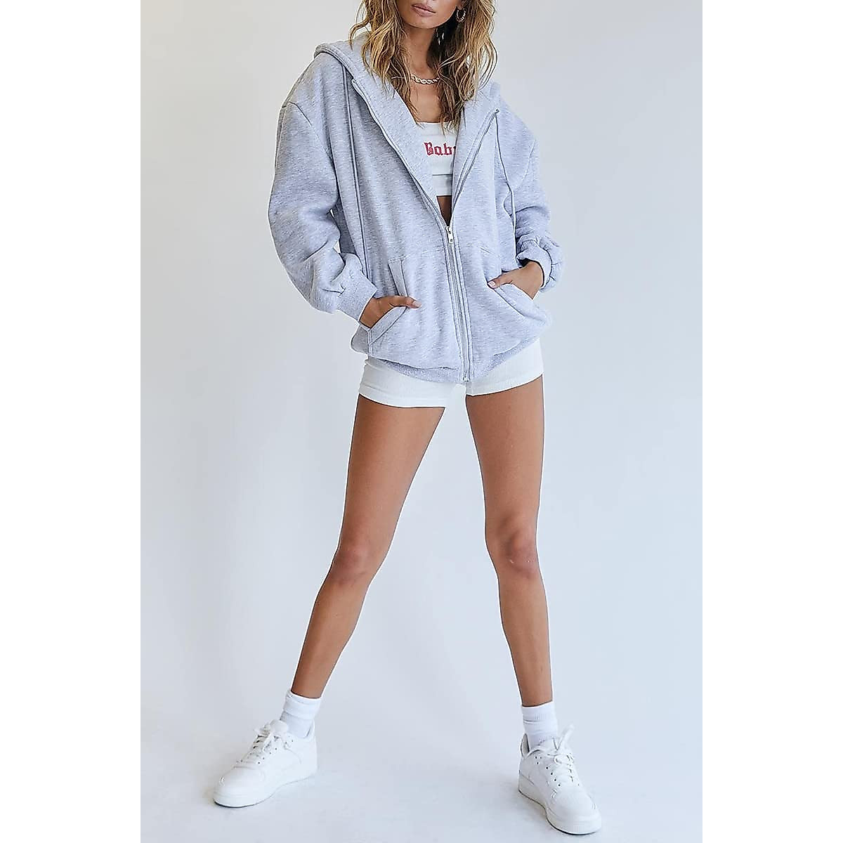 ATHMILE Oversized Sweatshirt Women 2023 Fall Fleece Jacket Cute Hoodies Pullover Sweater Hooded Tops Teen Girl Casual Cardigan Zip Up Y2k Trendy Coat Winter Clothes Outfits Blouses Grey