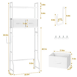 YBING Over The Toilet Storage, Over Toilet Bathroom Organizer with Drawer, Above Toilet Stand with Roll Holder and Hooks, Over Toilet Storage Shelf Cabinet, Wooden, White