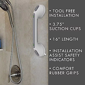 16 Inch Long Suction Grab Bar for Bathroom Indicator Light, Suction Shower Balance Assist Bar Support Rail Helping Handle for Tub Elderly Seniors Handicap Strong Suction Bathtub Grips Non Slip Sticker