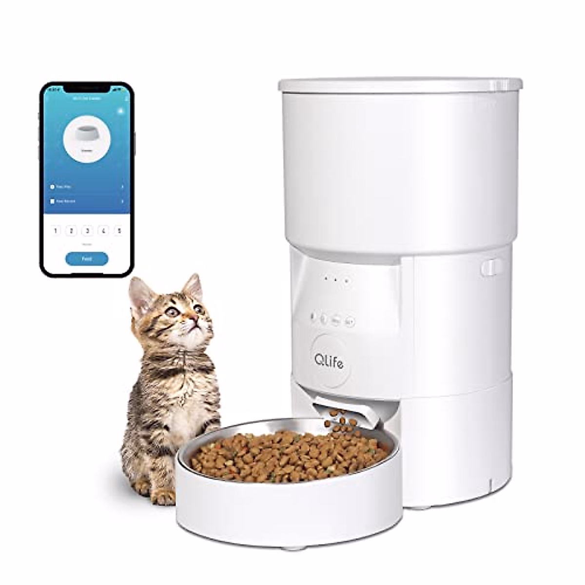 QLIFE Automatic Cat Dog Feeder: Dry Food Dispenser for Dog, Auto Pet Feeder, Portion Control Automatic Dog Feeder (White WiFi, 3L)