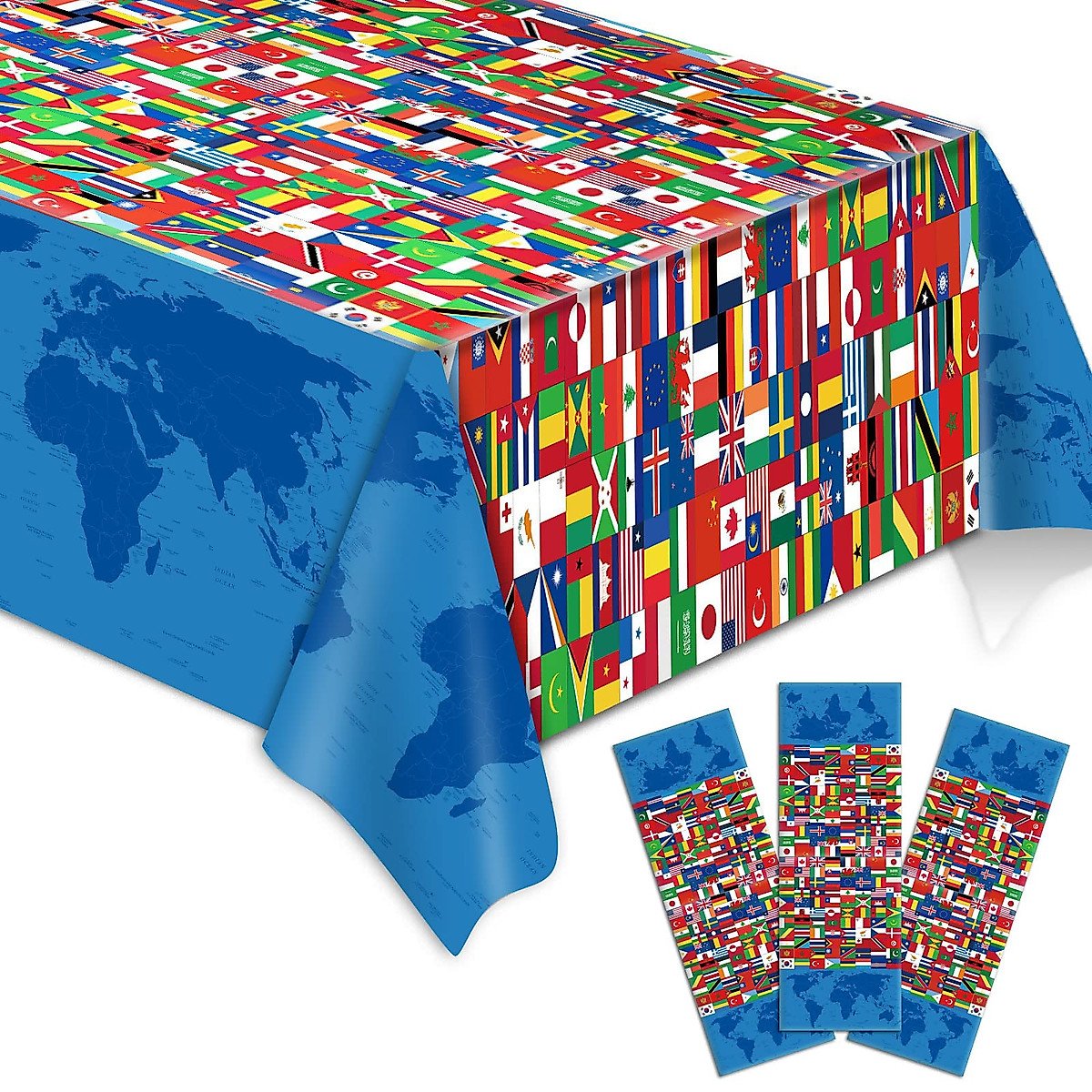 3 Pieces International Flag Tablecover World Flag Party Tablecloth Decorations Disposable Plastic Table Cover Birthday Party Decor Supplies Favors Outdoor Indoor