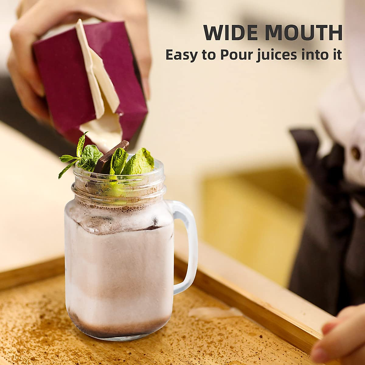 OAMCEG 6 Pack Mason Jars with Handle 16OZ Glass Mason Jar Cups with Lids and Straws, Large Glass Juice Bottles, Reusable Wide Mouth Smoothie Jars, Old Fashion Mason Jar Cups for Tea, Iced Coffee