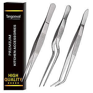 Tangoowal Kitchen Cooking Tweezers Culinary,3 Piece Set Stainless Steel Tweezer Precision Tongs Offset Tip for Cooking Food Design styling(6.3-Inch)