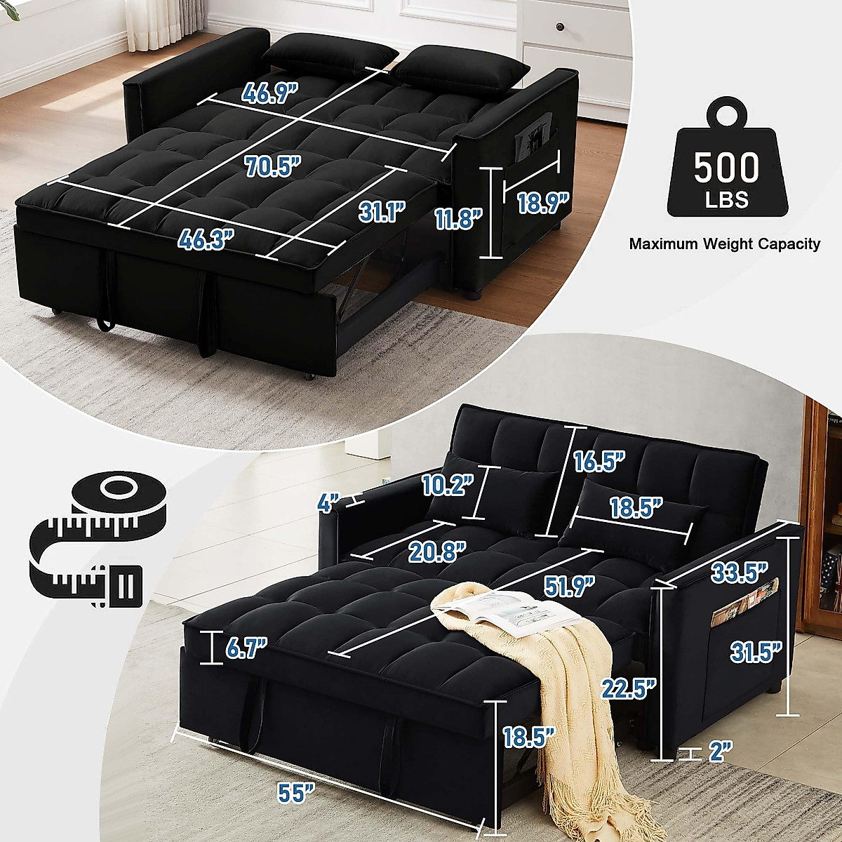 SumKea Convertible Sofa Bed, Pull Out Couch Loveseat 3-in-1 Multi-Functional Velvet Pull-Out Bed, 55'' Loveseat Chaise Lounge with Adjustable Backrest and Pillows, Black