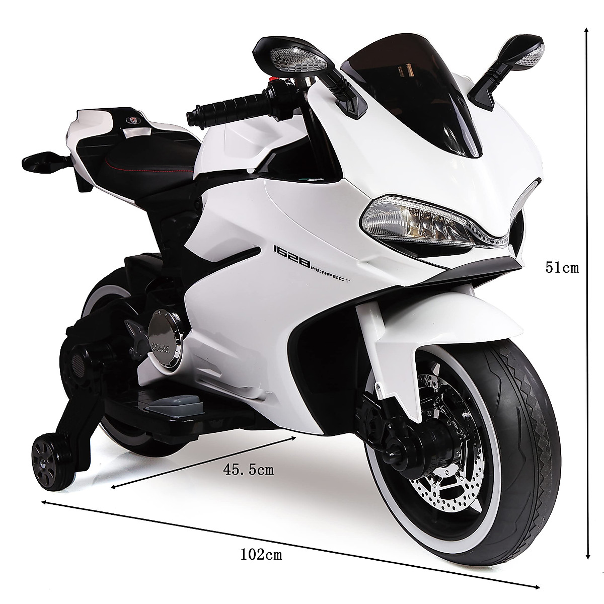 Ride On Toys Kid Motorcycle 12V 7AH Battery with Slow Start Function, Safety, High and Low Speed,Leather Seat Plastic Wheels with LED Lights, Have MP3 Player Function (White)