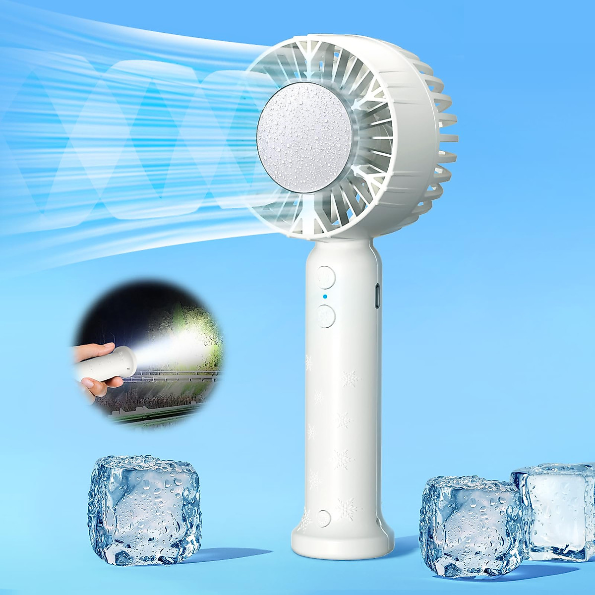 WHOLEV Portable Handheld Fan with Refrigeration Mode, 3 Speed Cold Wind Hand Fan, 3000mAh Battery Operated Rechargeable USB Fan, Non-Slip, Flashlight, Quick Cool Down Ice Cool Circular Cooling Pad
