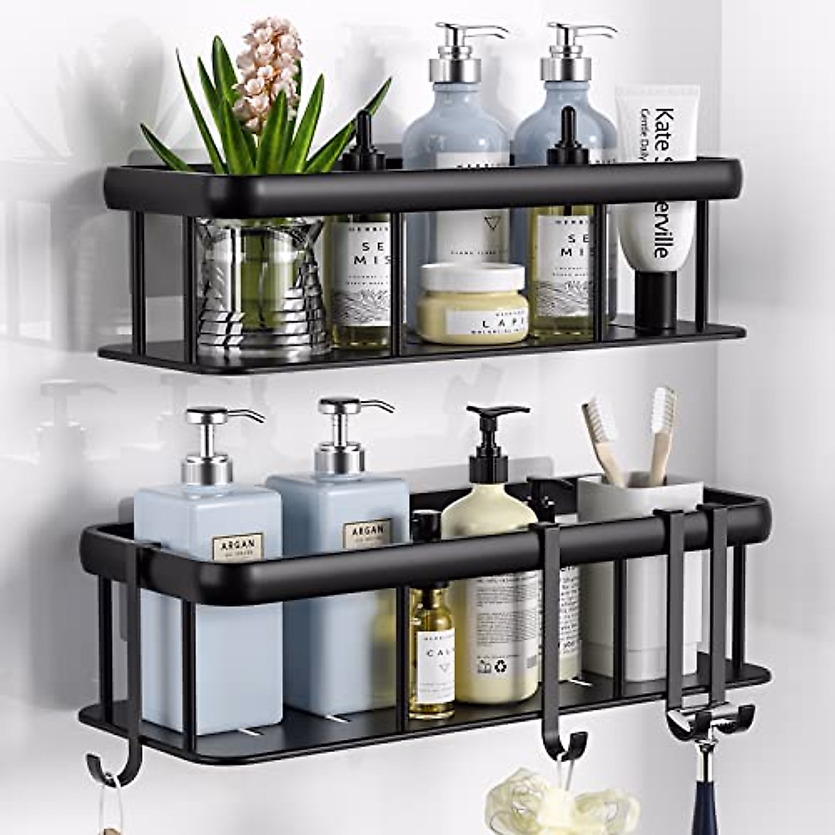 Midphorn 2-Pack Adhesive Shower Caddy, No Drilling Shower Shelf with Hooks Rustproof Wall Mounted Shower Organizer for Inside Shower Bathroom Storage Shampoo Holder, Matte Black