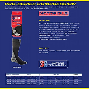 Elite Hockey, Notorious Pro-Series Compression Calf Sock, One Pair (Black/Silver Grey, X-Large)