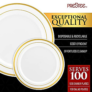 Prestee 200pc Gold Plastic Plates - 100 Dinner Plates & 100 Salad Plates, White + Gold-Rimmed Plastic Plates, Gold Plates Disposable Plastic Party Plates - Dessert, Appetizer, Holiday, Wedding Plates