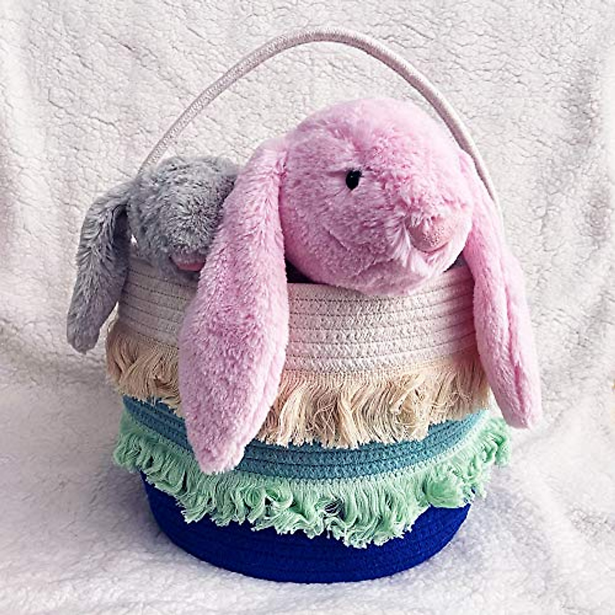 Rope Easter Basket for Kids - Easter Rope Basket with Tassel Encircled, Easter Blues Boys Basket, 9.5"D × 8"H Size, Design by QLTLQS-1986 (Blue)