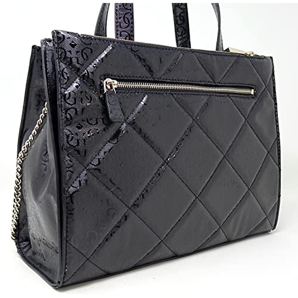 GUESS Women's Logo Patent Quilted Large Tote Bag Handbag & Wallet Set - Black