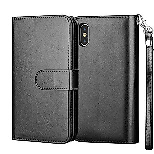 NJJEX Wallet Case for iPhone Xs Max, for iPhone Xs MAX Case, PU Leather [9 Card Slots] ID Credit Folio Flip [Detachable][Kickstand] Magnetic Phone Cover & Lanyard for iPhone Xs Max 6.5" 2018 [Black]