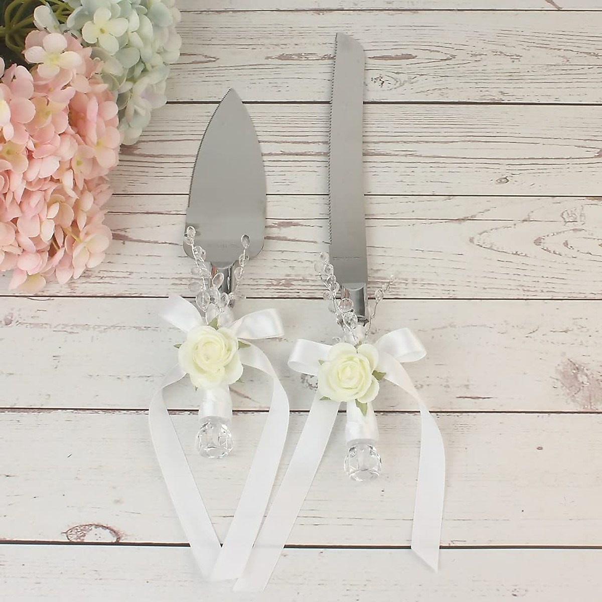 Handmade White Rose Wedding Cake Knife Shovel Server 2 Piece Set of Wedding Site Props