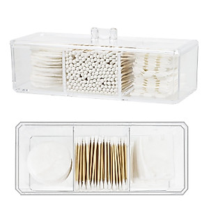 ZEXALOR Clear Bathroom Dresser Organizer - Cotton Ball Swab Holder with 3 Divided Compartments&Lid, , Waterproof Transparent Small Plastic Storage Containers, Vanity Makeup Organization (Clear)