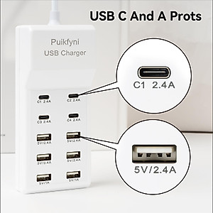 Puikfyni Portable USB C Charging Station,USB-C 4-Ports, Hub 10-Ports USB Charger Dock for Multiple Devices Phones Tablet Smartwatch Headphones Speakers (Ivory USBC)