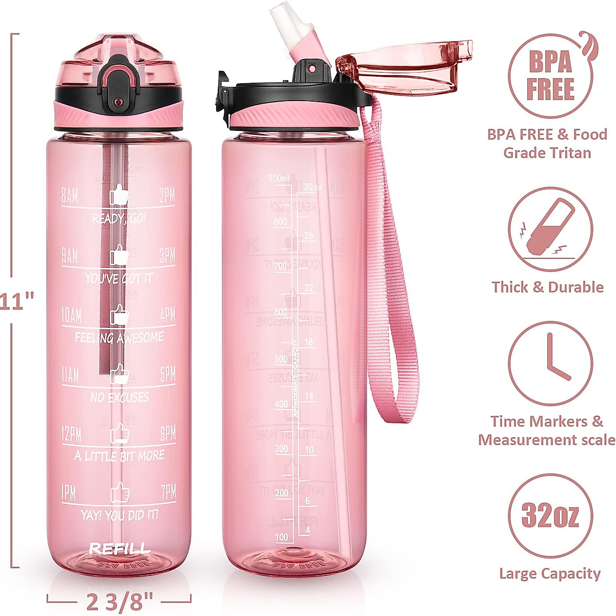 Fimibuke 32 oz Water Bottle with Sleeve - BPA Free Leakproof Sport Large 1L Plastic Motivational Water Bottle with Straw & Strap & Insulated Neoprene Holder Carrier Bag for Women Men(A2.Baby Pink)