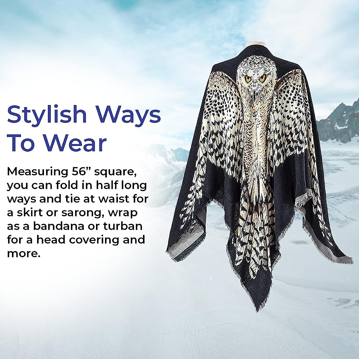 PGI Traders Owl Scarf/Shawl | Black or Gray Reversible Print | Warm and Stylish | Party, Halloween, Festival, Office | Ultra Soft Acrylic | 56” Square