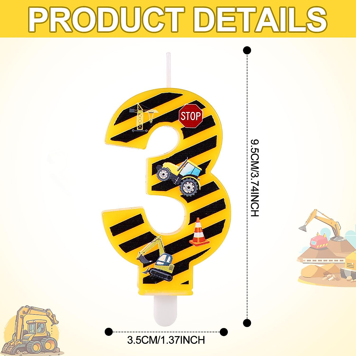 Construction Birthday Candle, Happy Birthday Candles Numbers Construction Cake Topper Yellow and Black Striped Candles for Boys Construction Birthday Party Supplies Decorations (Number 3)