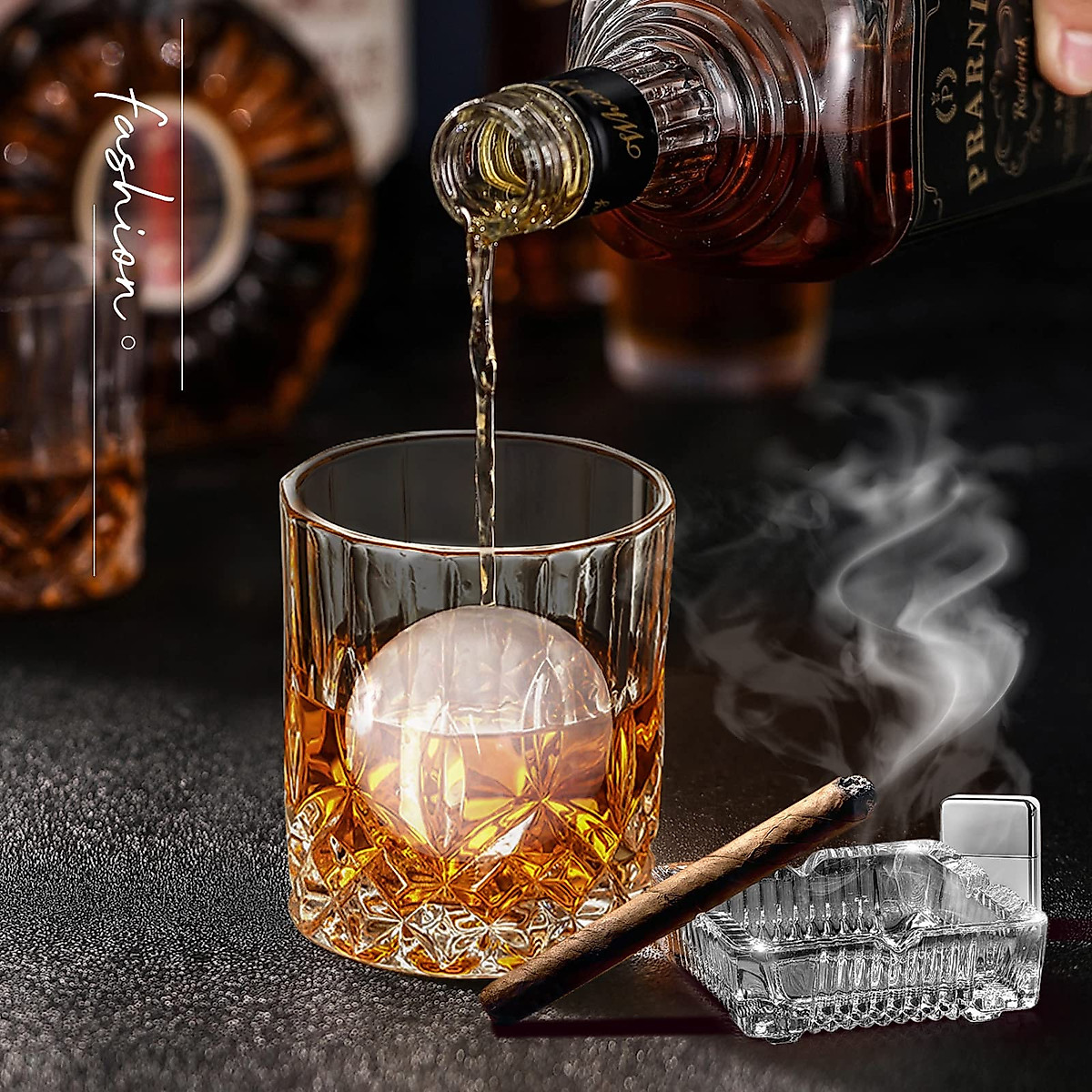 DIOXADOP Whiskey Glasses Set of 2, 10 Oz Old Fashioned Tumblers with 2 Round Big Ice Ball Molds, Bourbon Glasses for Drinking Scotch Whisky Cocktail Cognac Vodka Gift for Men Women at Home Bar
