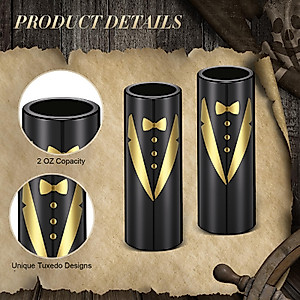 24 Pieces Groomsmen Tuxedo 12 Gauge Glasses Set with Poker Bottle Cap Opener Groomsmen Gifts Black Espresso Shot Glasses Ace of Spades Credit Card Bottle Opener for Men Proposal Wedding Party
