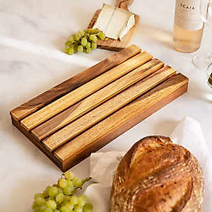 Villa Acacia Wood Bread Board - 12 x 7 in Handcrafted Wooden Cutting Board Slicer Tray with Handle﻿ Medium