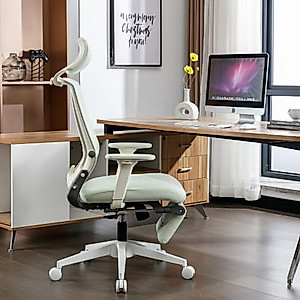 Ergonomic Mesh High Back Desk Chair, Adjustable Headrest Office Chair with 5d armrest and Foot Rest, tilt Function max 128° Computer Desk Swivel Chair with Wheels (Green)