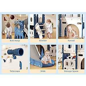 XJD 7 in 1 Toddler Slide Set, Kids Slide for Toddlers Age 1+, Toddler Climber Slide PlaySet with Basketball Hoop and Ball,Outdoor Indoor Playground for Toddlers 1-3 (Blue)