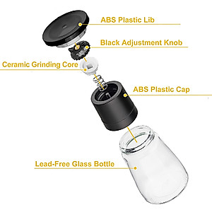 ZeeDa Salt and Pepper Grinder Adjustable Ceramic Sea Salt Grinder & Pepper Grinder Glass Salt and Pepper Shakers Pepper Mill & Salt Mill (Black)