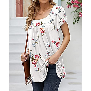 DUSDIMON Women's 2023 Summer Tunic Tops Petal Short Sleeve Square Neck Loose Flowy Pleated Shirts(Flower White, XL)