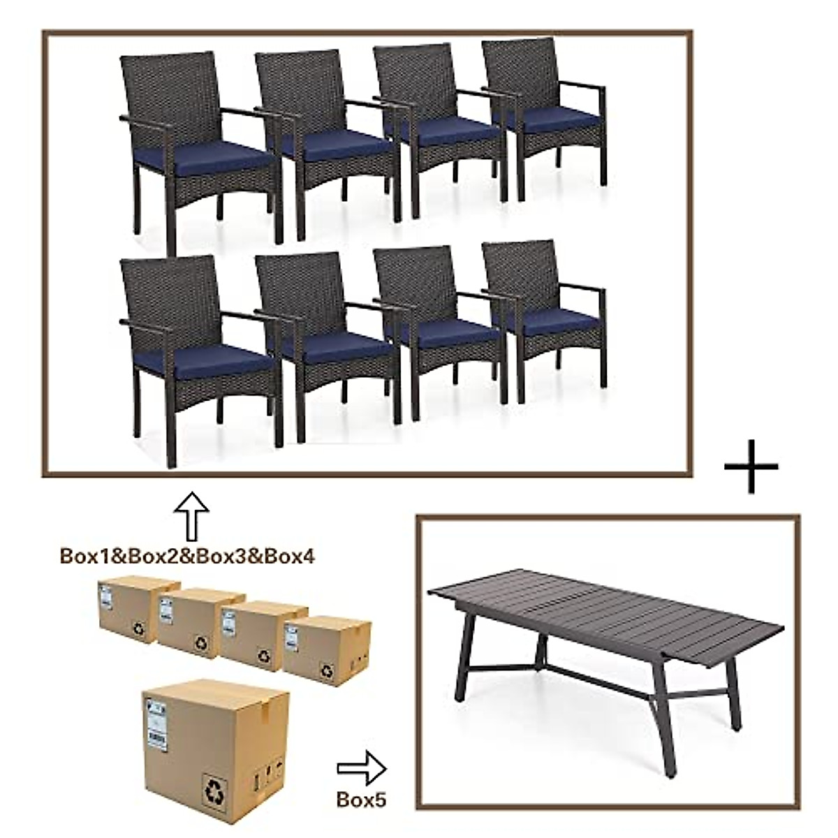 PHI VILLA 9 Pieces Patio Dining Set for 8, Rattan Wicker Chairs and E-Coating Expandable Rectangular Metal Table, Outdoor Dining Table and Chairs Furniture for Backyard Deck Garden Porch