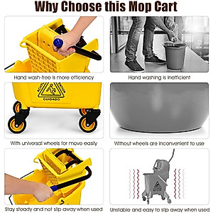 S AFSTAR 32L/8.5 Gallons Mop Bucket with Wringer on Wheels, Commercial Mop Bucket with Wheels & Potable Handle, Industrial Mop Wringer Bucket for Home Office Market Restaurant Hotel (Yellow)