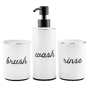 AuldHome Farmhouse Bathroom Accessories Set (3-Piece Set, White); Enamelware Matching Soap Dispenser, Toothbrush Holder and Rinse Cup for Sink Vanity