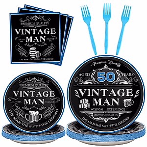 gisgfim 96 Pcs Vintage 50th Party Plates and Napkins Party Supplies Cheers to 50 Party Tableware Set Blue 50th Birthday Party Decorations Favors for Men 1973 50th for 24 Guests