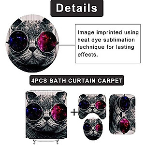 4PCS Space Cat Shower Curtain Sets with Rugs,Cat wear Galaxy Glasses Kids Bathroom Decor Non-Slip Bathroom Mat Bath Mat Toilet Rug,with 12 Hooks,72X72 Inch,Gray Cat